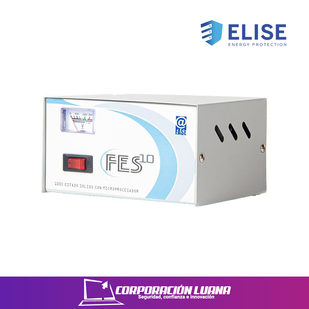 ESTABILIZADOR ELISE - FASE FES-10, SÓLIDO, 1.0KVA, 220V, 4 TOMAS A 220V, 1 TOMA A 110V.